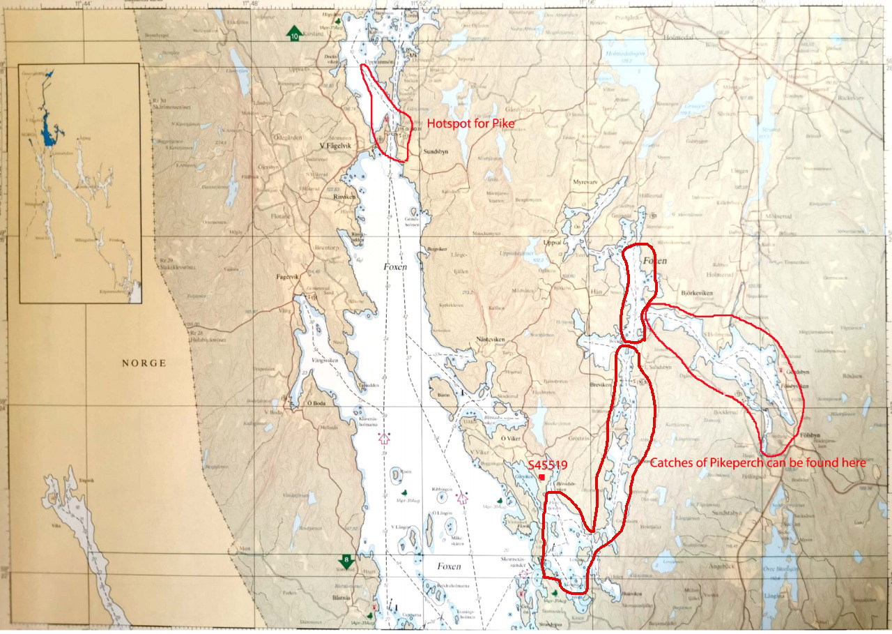 Map with depth :: Lake Foxen fishing & cottages Sweden